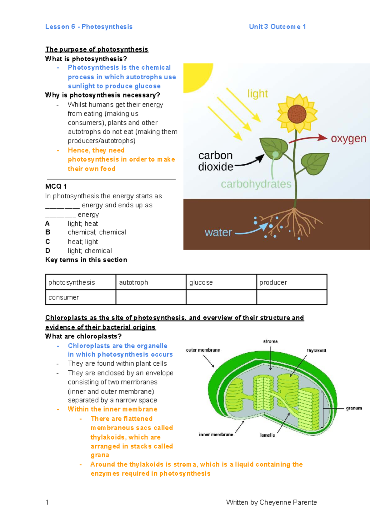 Lesson 6 - Photosynthesis (Student) - The purpose of photosynthesis ...