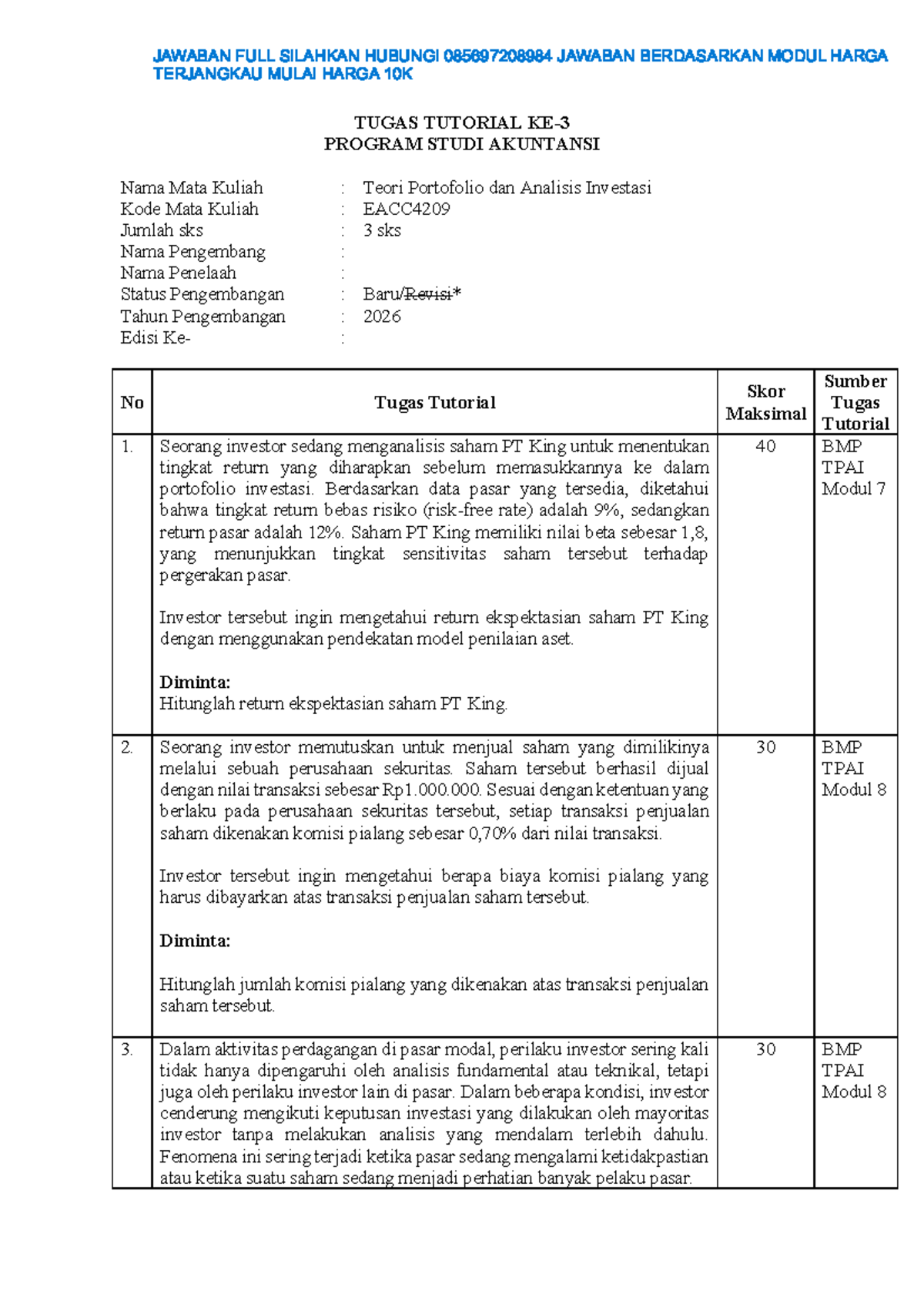 Tugas Tutorial EACC4209: Teori Portofolio & Analisis Investasi - Studocu