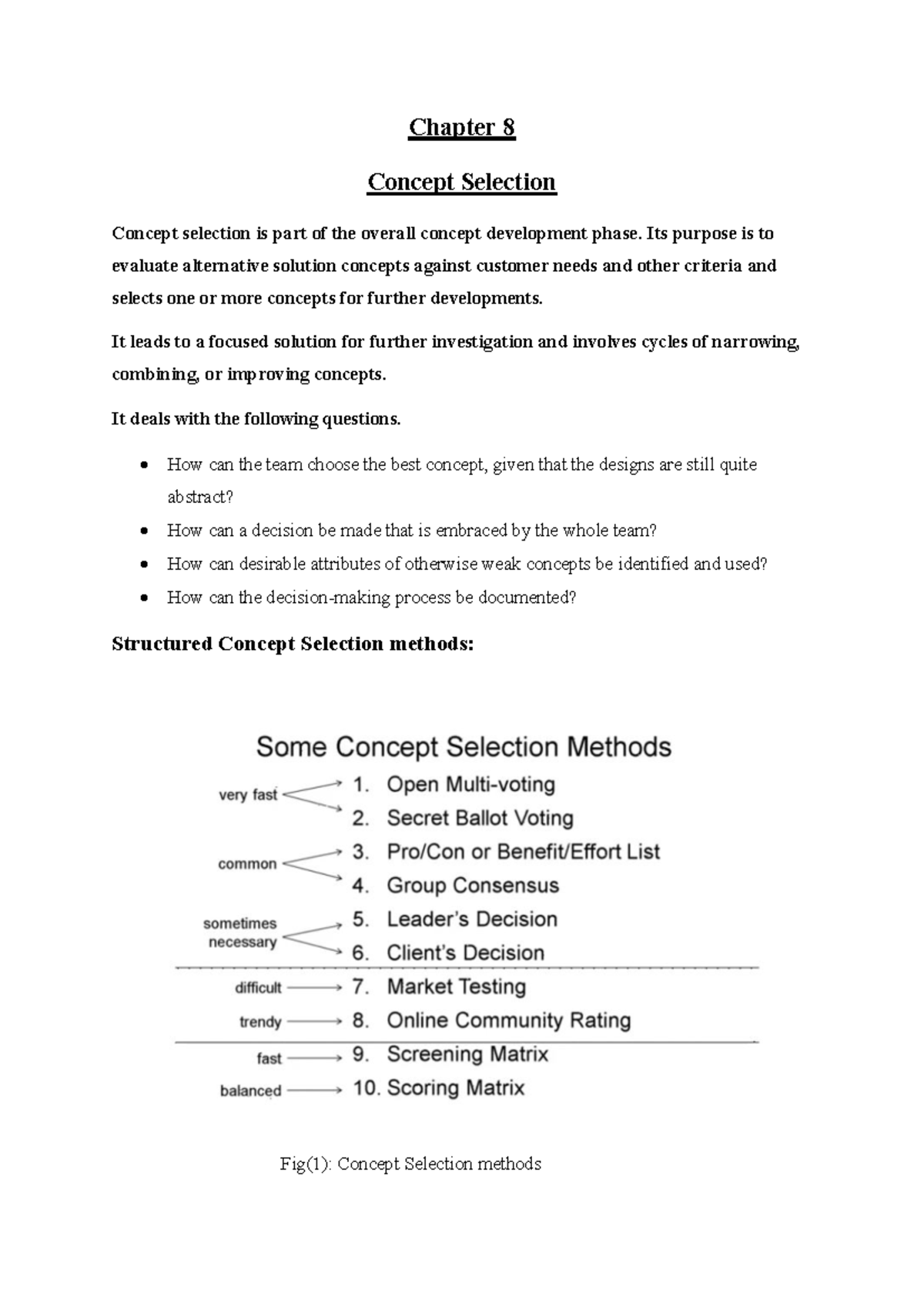 Chapter 8 Summary: Concept Selection Methods and Benefits - Studocu