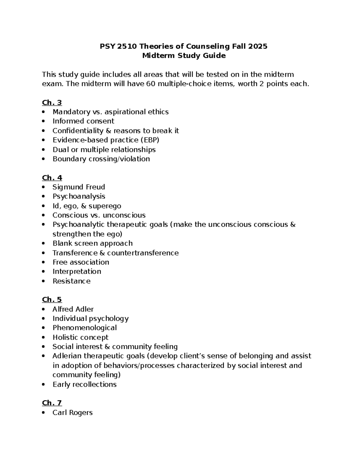 PSY 2510 Fall 2025 Midterm Study Guide: Counseling Theories Overview ...