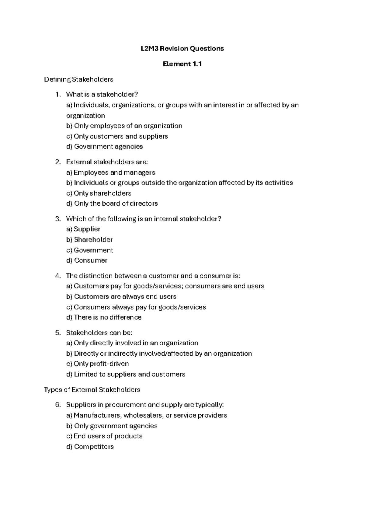 L2M3 Element 1.1 Stakeholder Revision Questions - Studocu