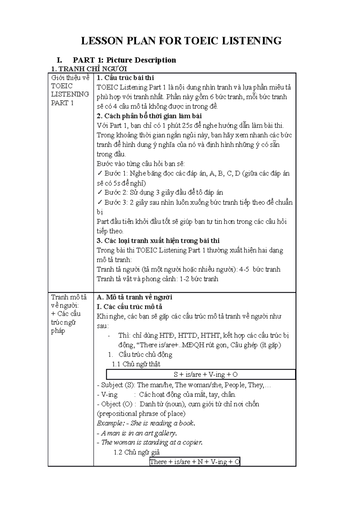 TOEIC Listening Lesson Plan: Part 1 Picture Description Guide - Studocu