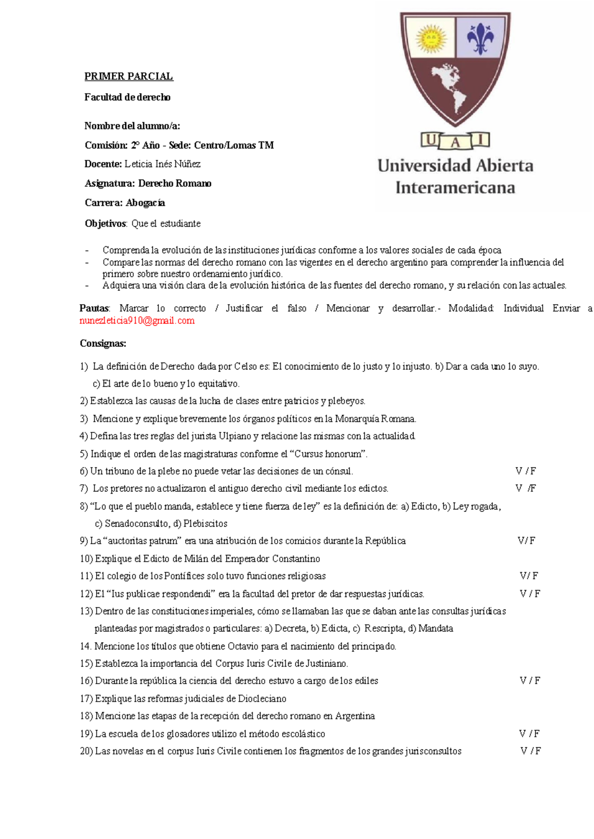 Examen Parcial de Derecho Romano - UAI Centro Lomas TM 2024 - Studocu