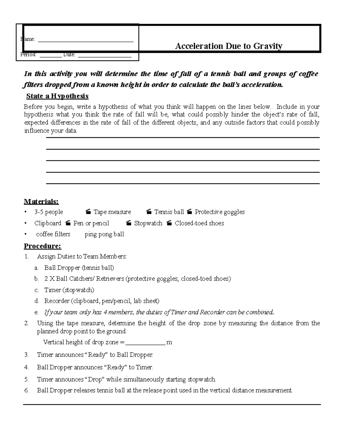 Physics 101: Free Fall Lab on Acceleration Due to Gravity - Studocu