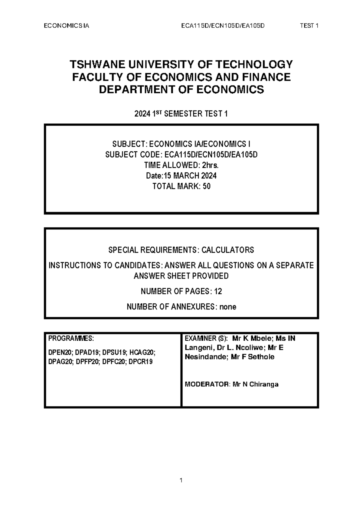 Economics IA Test 1 (ECA115D/ECN105D) - 1st Semester 2024 - Studocu