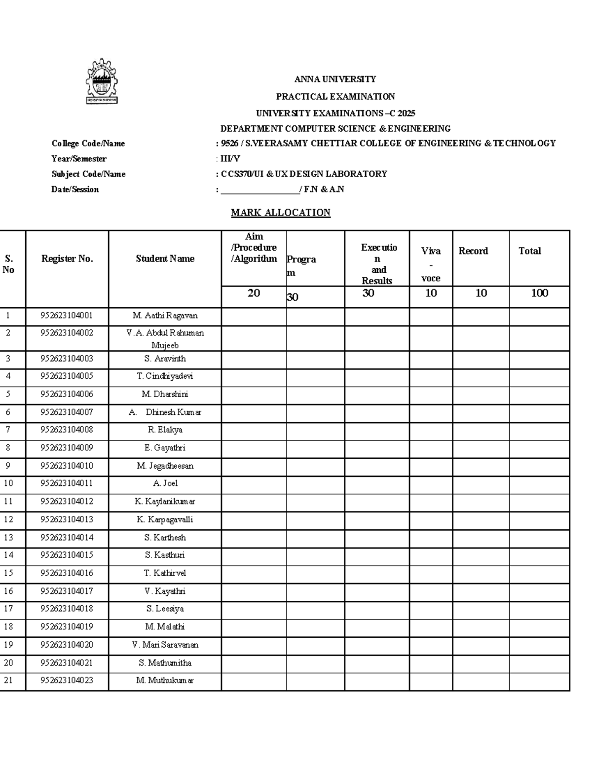 CCS370 UI & UX Design Lab Practical Exam Mark Allocation - Studocu