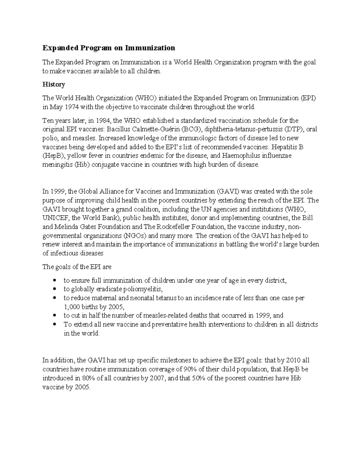 EPI Overview: The Expanded Program on Immunization Explained - Studocu