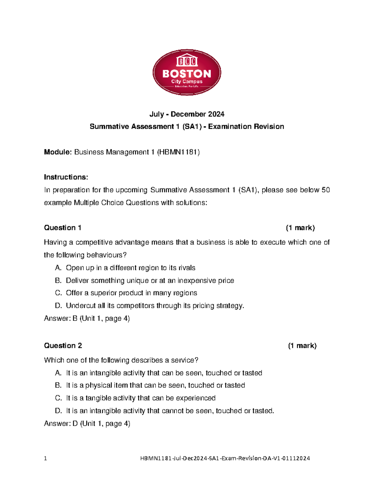 HBMN1181 SA1 Exam Revision: Multiple Choice Questions & Answers - Studocu