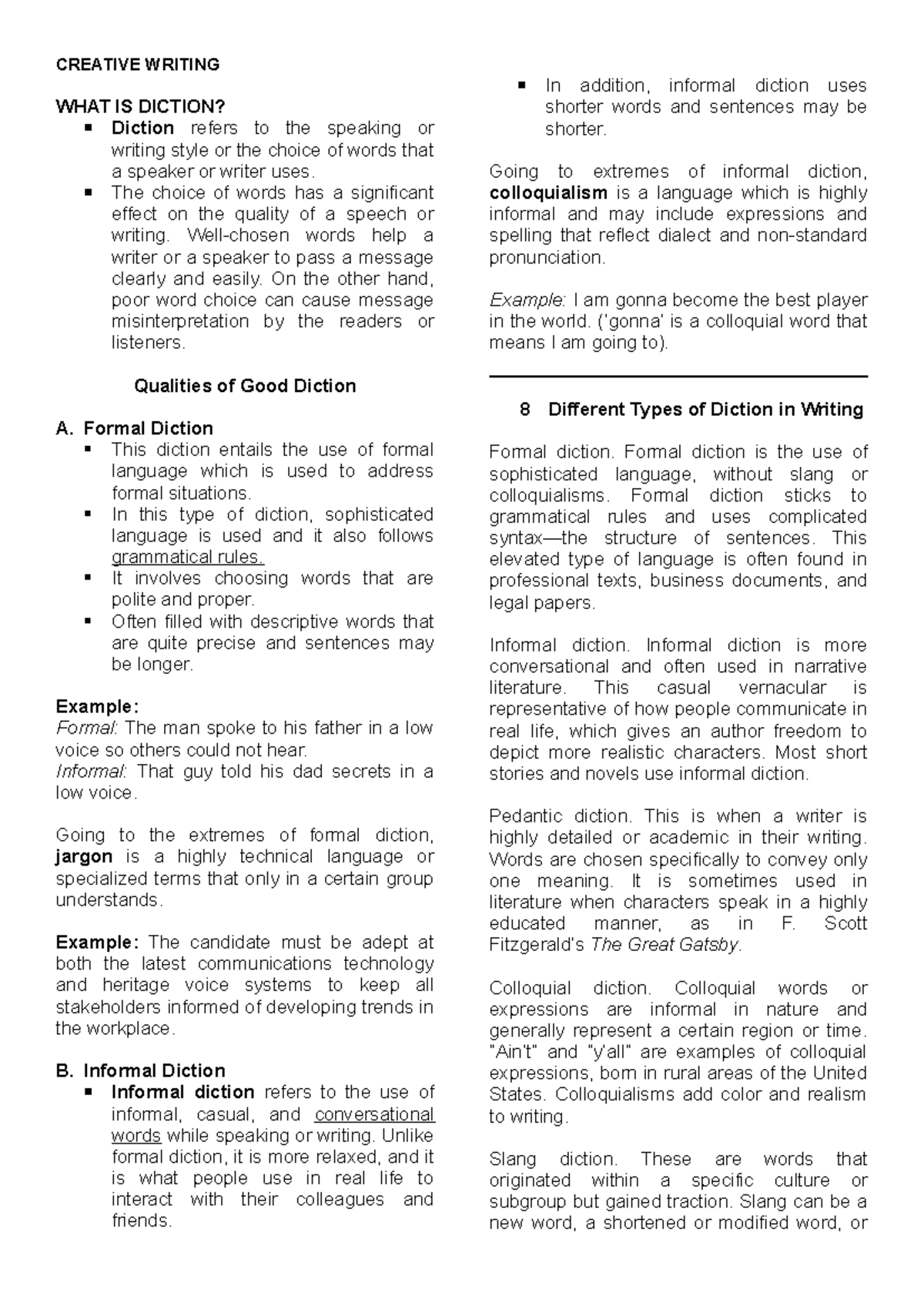 DICTION - CREATIVE WRITING 12 - CREATIVE WRITING WHAT IS DICTION ...