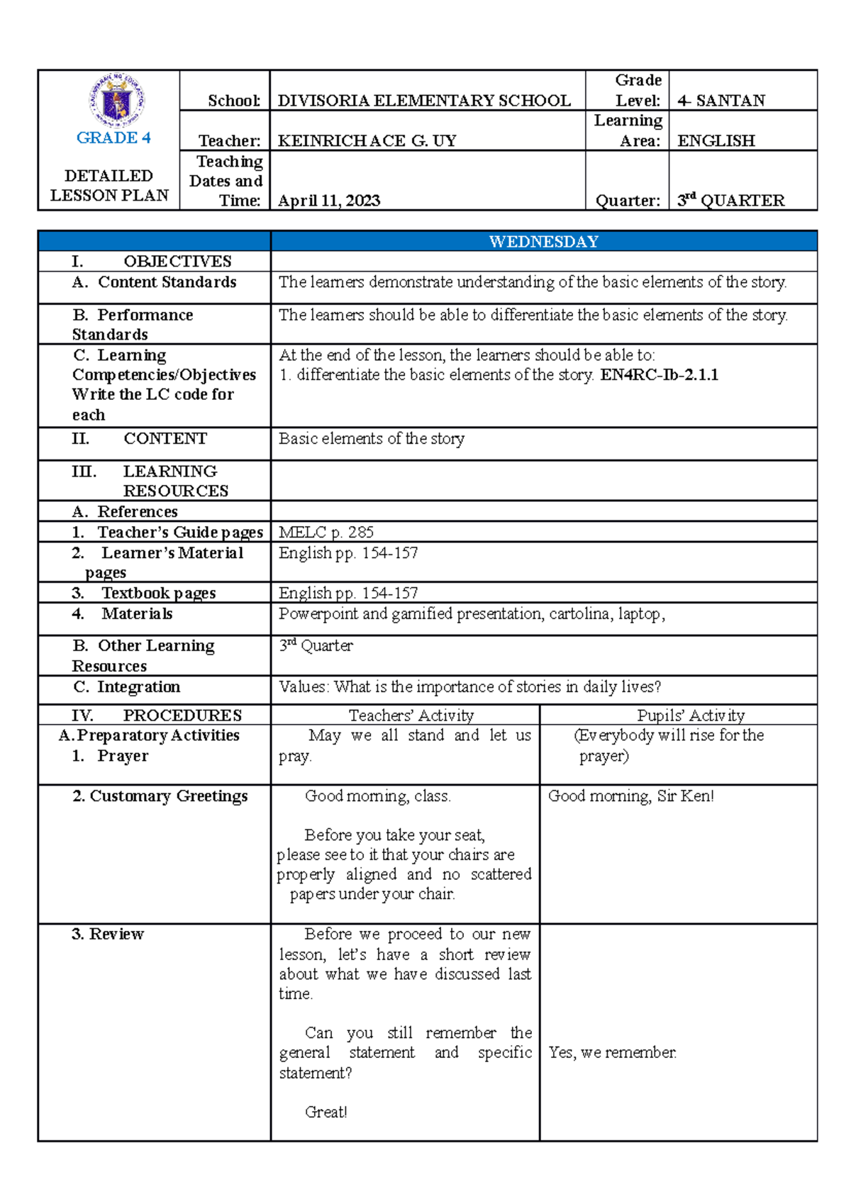 Detailed Lesson Plan for English 4 - Quarter 3 (2023) - Studocu