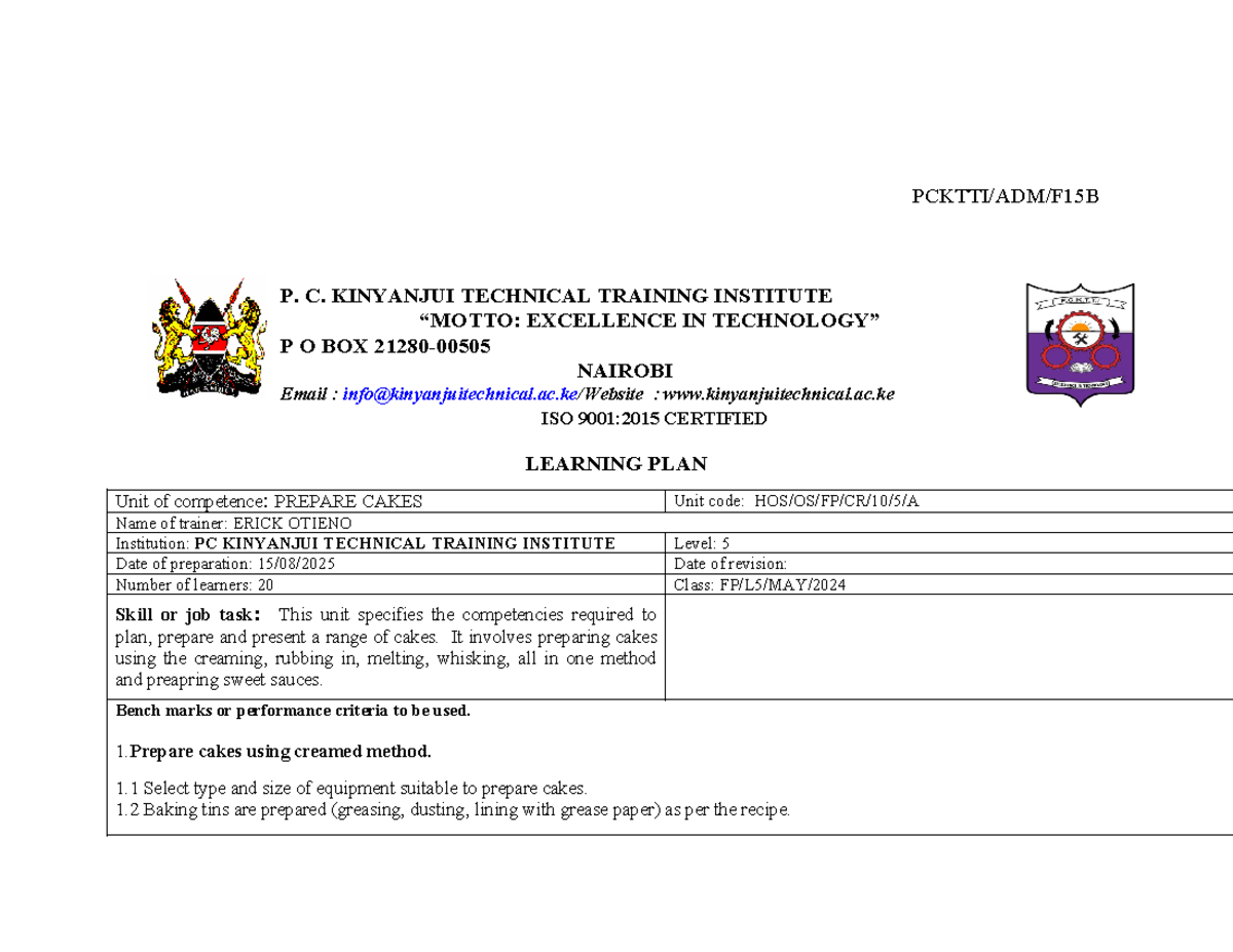 Prepare Cakes Level 5: Comprehensive Learning Plan - Studocu