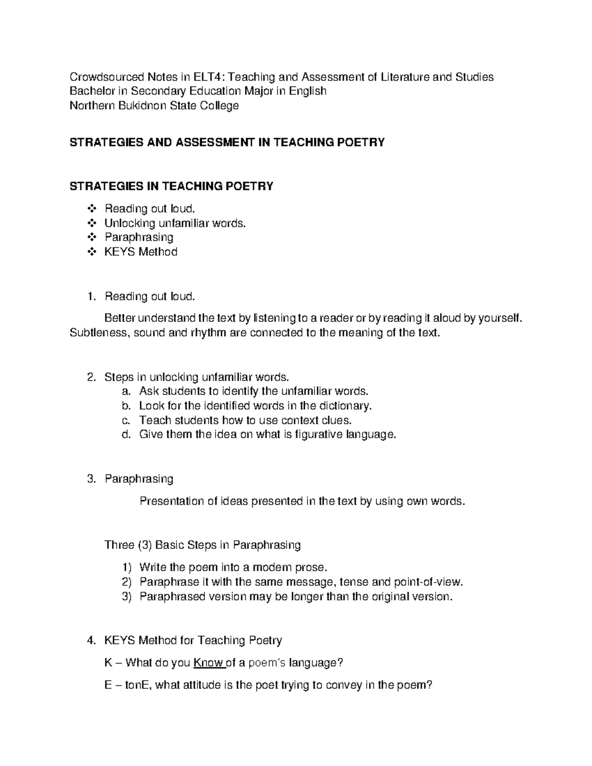 Strategies and Assessments in Teaching Poetry (ELT4) - Studocu