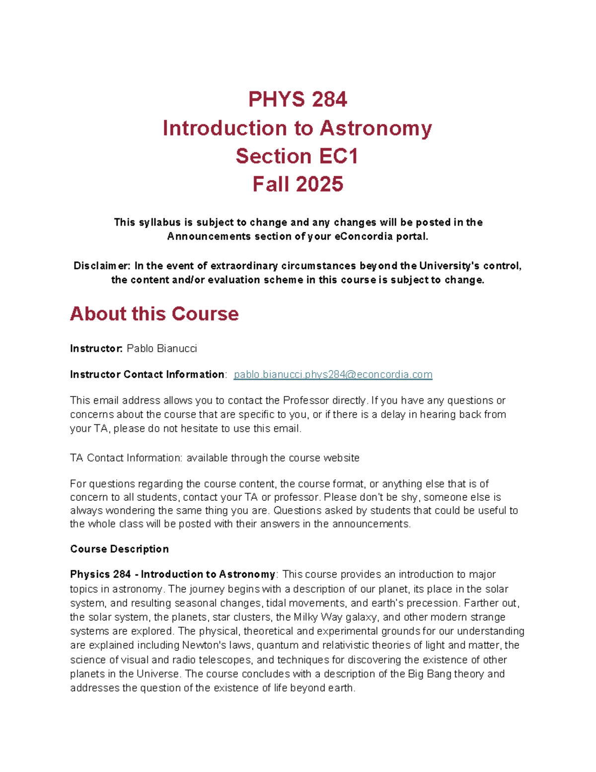PHYS 284 Fall 2025 Course Outline and Agenda - Studocu