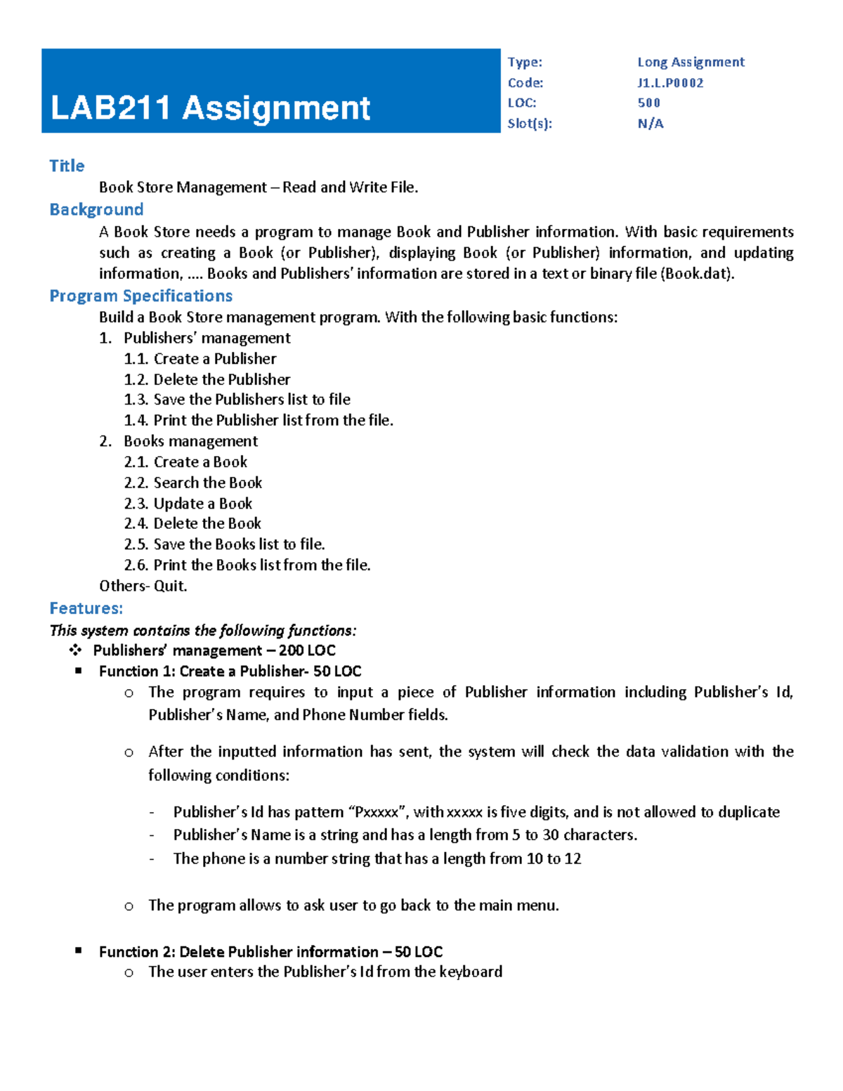 LAB1 J1.L.P0019. Book Store Management 500LOC - LAB211 Assignment Type ...
