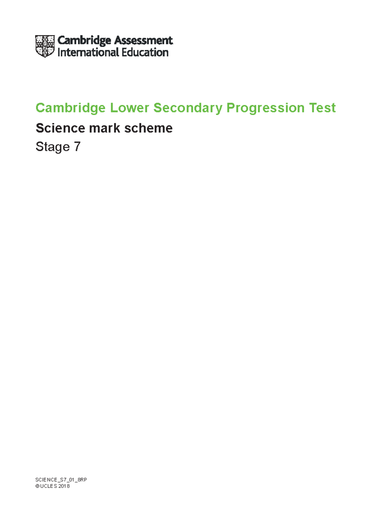 Cambridge Lower Secondary Science Progression Test Mark Scheme Stage 7 ...