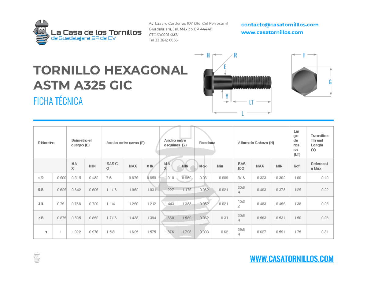 Ficha Técnica del Tornillo Hexagonal ASTM A325 GIC - CTG690201KM3 - Studocu