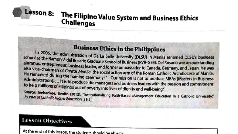 Lesson 8: Filipino Values and Business Ethics Challenges in the PH ...
