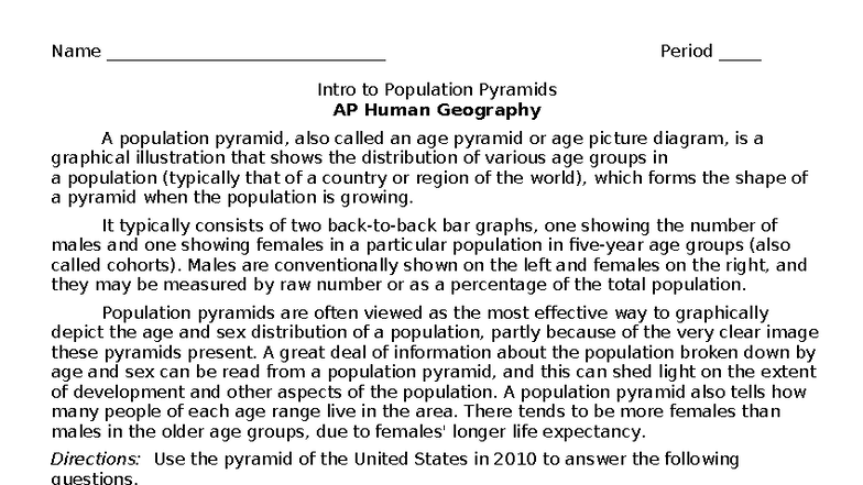 Activity on Population Pyramids - AP Human Geography (Topic 2.3) - Studocu