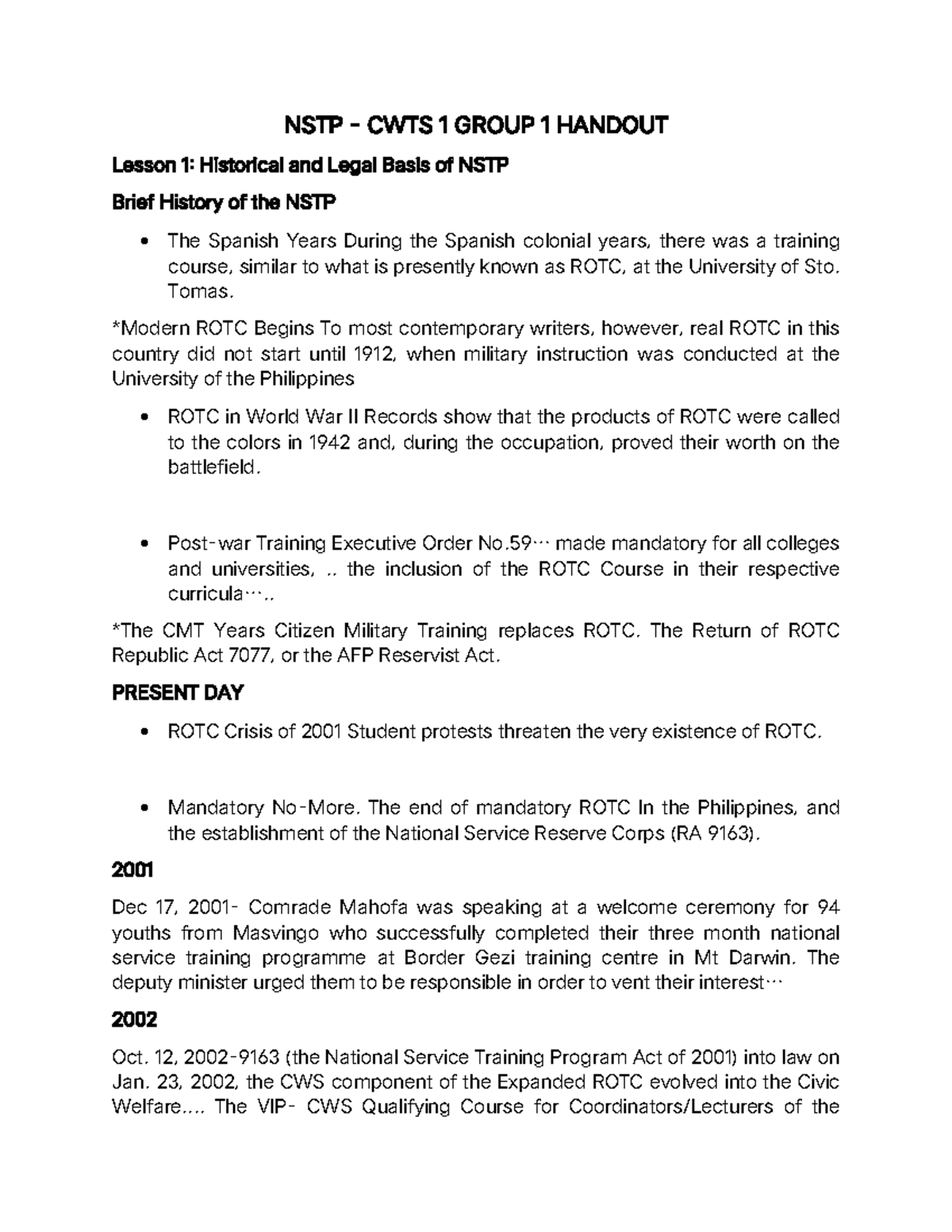 NSTP CWTS 1 Group 1 Handout: Lesson 1 - Historical & Legal Basis of NSTP - Studocu