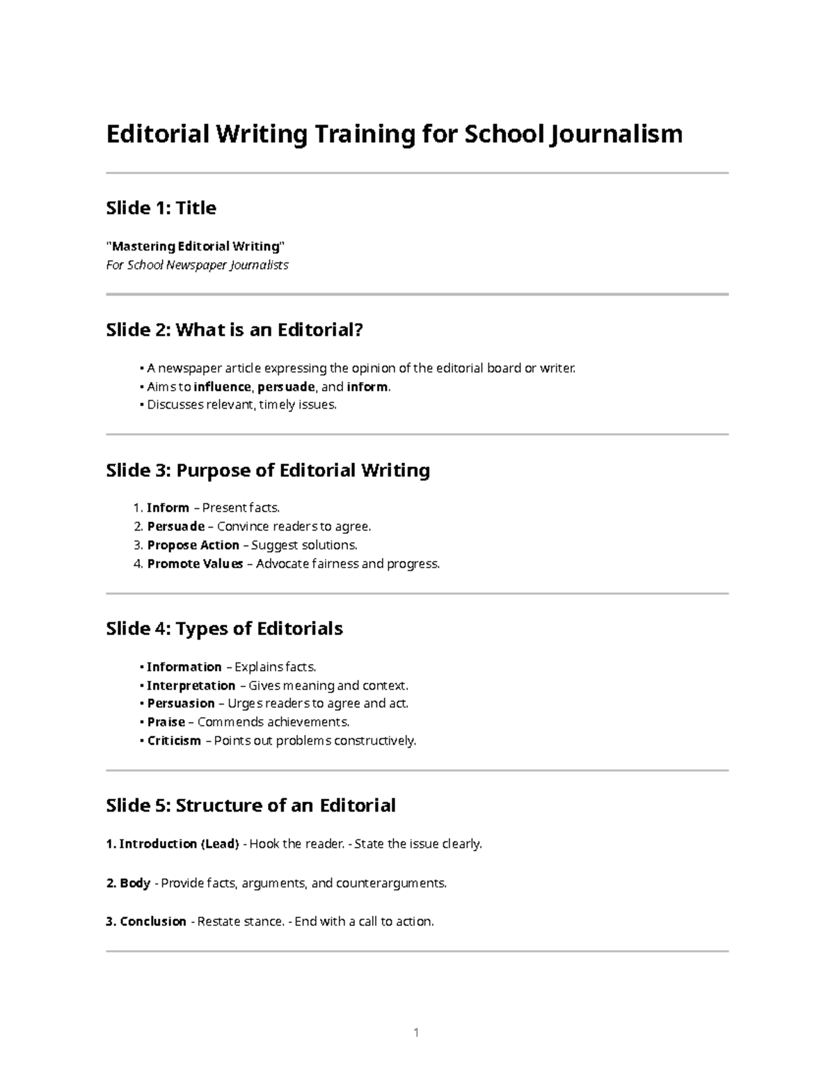 Editorial Writing Training for School Journalism: Key Concepts - Studocu
