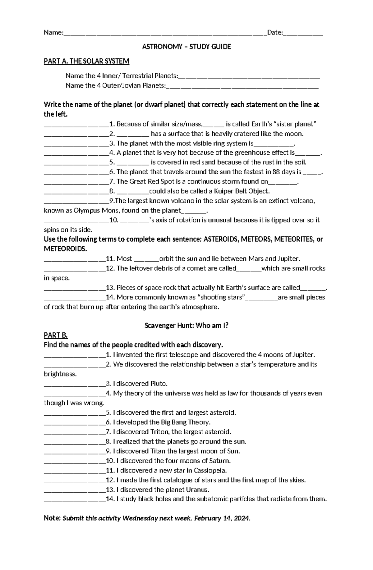 Activity 1. Astronomy - Name:Date: ASTRONOMY – STUDY GUIDE PART A. THE ...