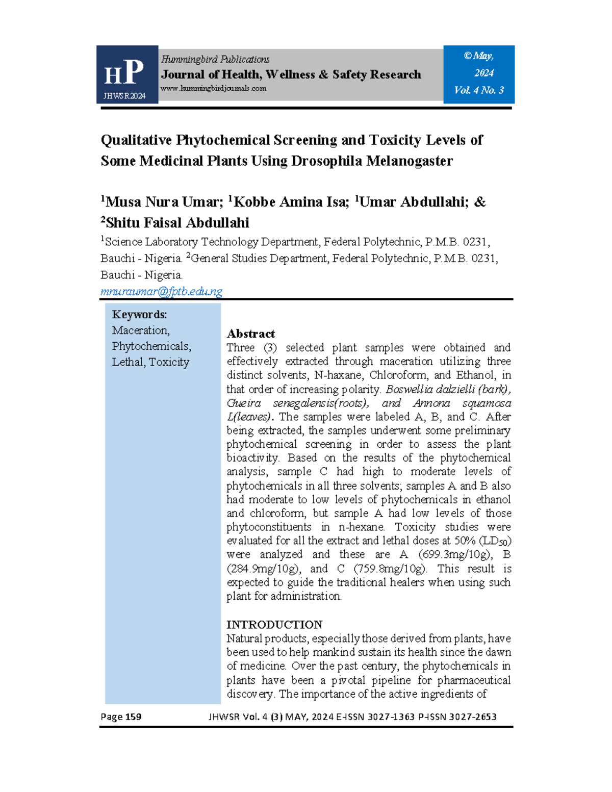 Qualitative Phytochemical Screening & Toxicity Study JAHWSR2024 Vol. 4 ...