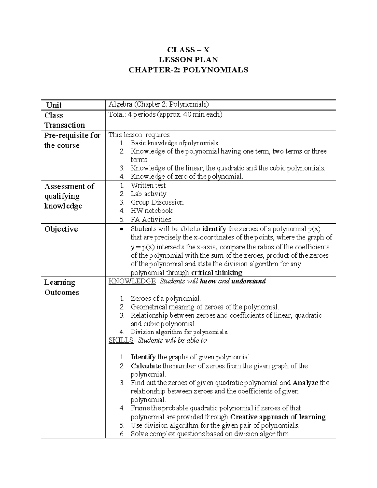Chapter 2 - Polynomials - CLASS – X LESSON PLAN CHAPTER-2: POLYNOMIALS ...