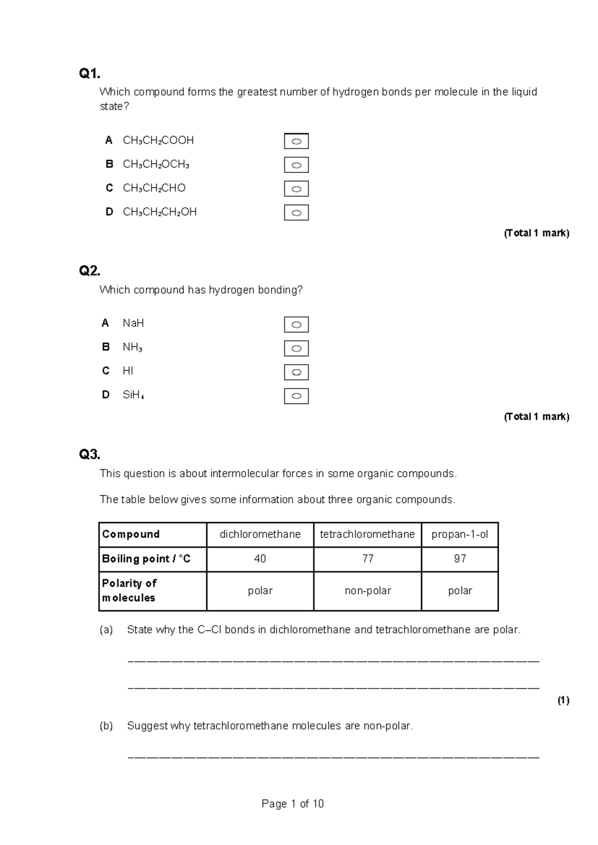 Intermolecular Forces Questions - Chemistry 101 - Studocu