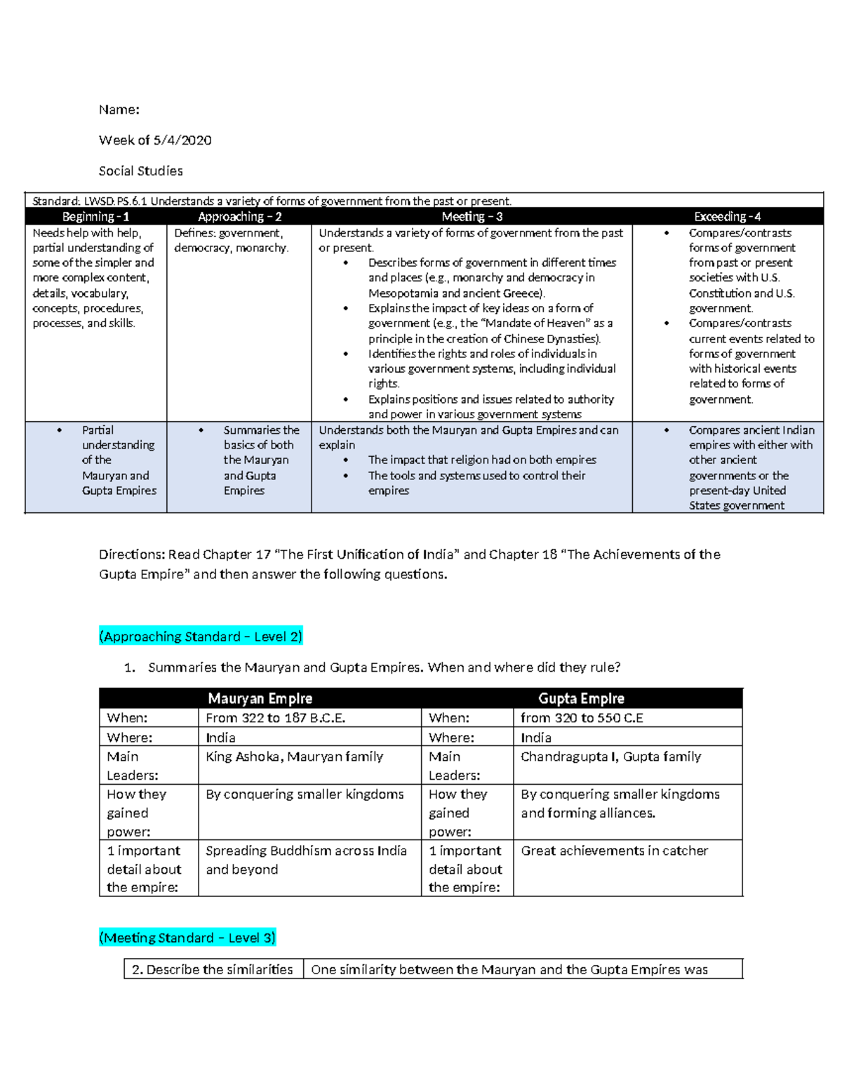 Formative Assessment - Chapters 17 and 18 The Ancient Indian Empires ...