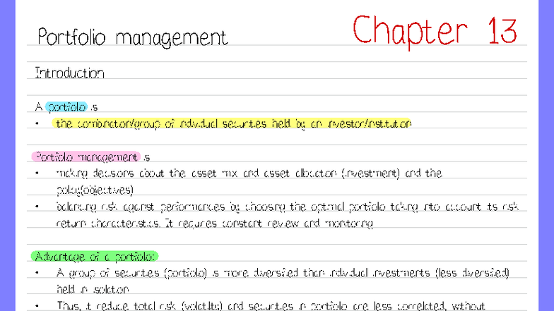 Portfolio Management: Chapter 13 Overview and Key Concepts - Studocu