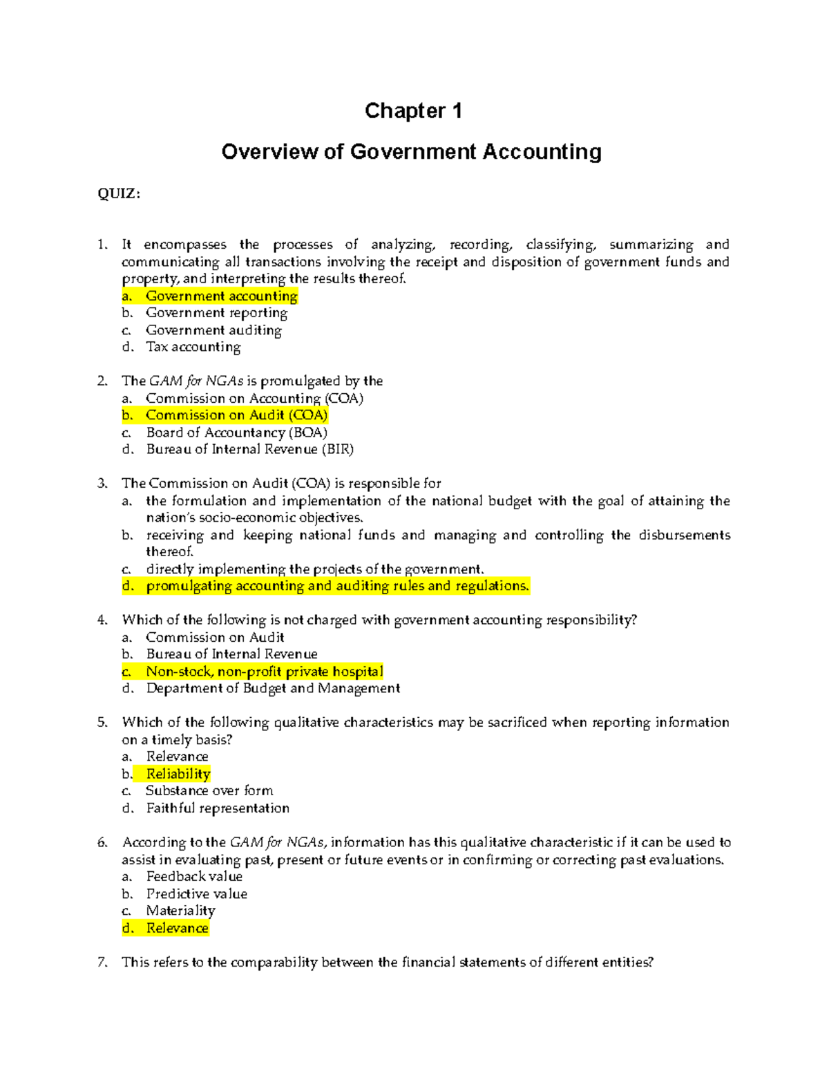 Chapter 1 quiz Overview of Government Accounting - Chapter 1 Overview ...