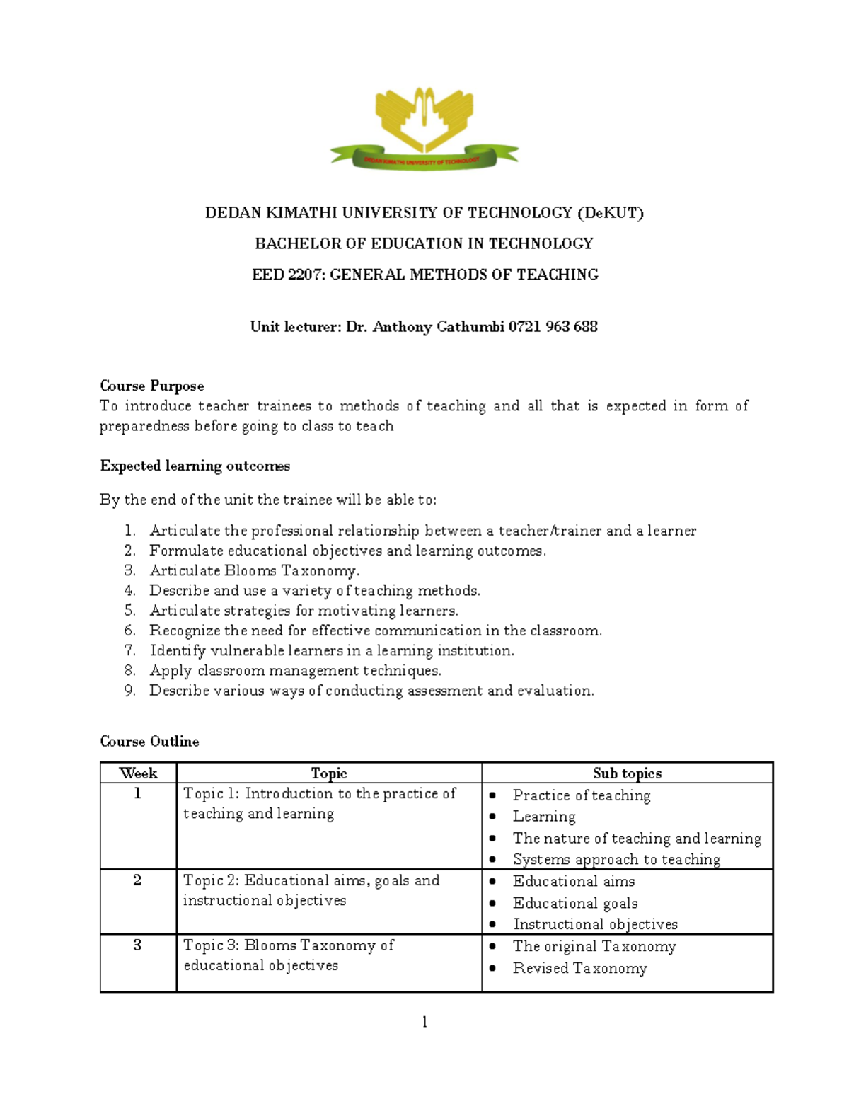 EED 2207: General Methods of Teaching Course Outline - Studocu