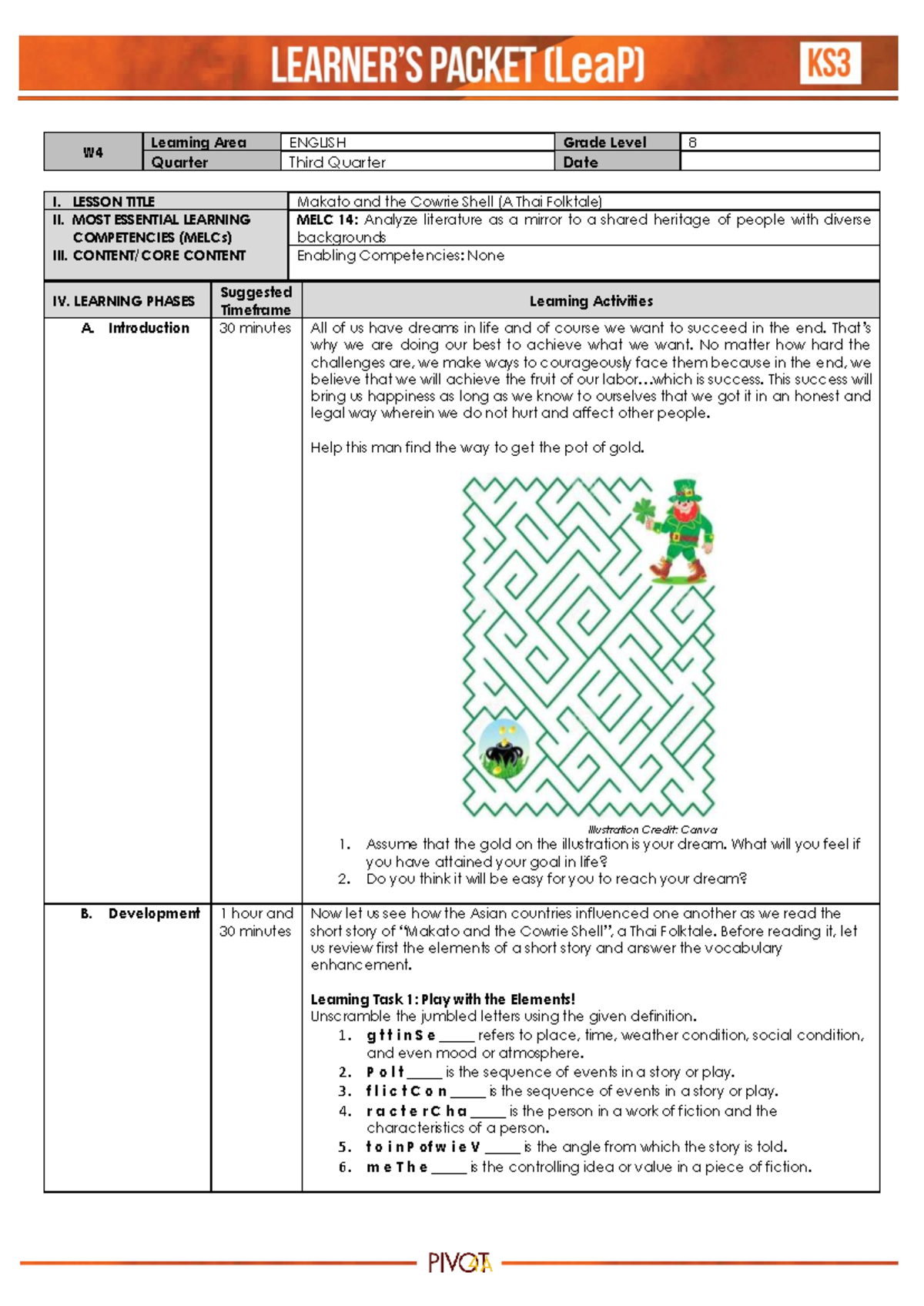 English 8 Q3 Week 4 Lesson Plan: Analyzing "Makato and the Cowrie Shell ...