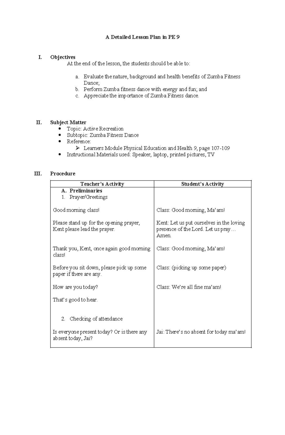 Zumba Fitness Lesson Plan for PE 9: Engaging Students in Active ...