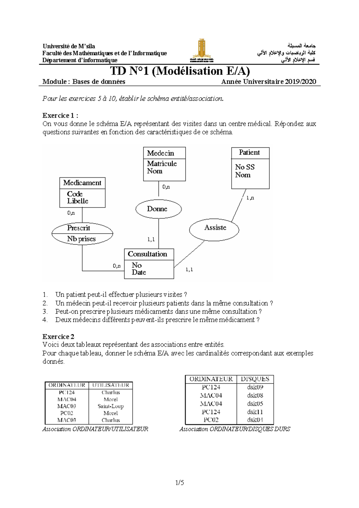 TD N°1 (Modélisation E/A) - Modèle Entité/Association des Bases de Données - Studocu