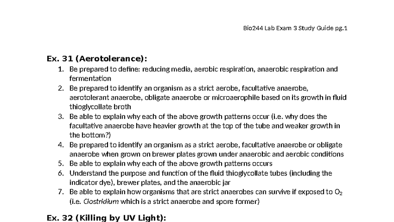 Bio244 Lab Exam 3 Study Guide: Aerotolerance, UV Light, & More - Studocu