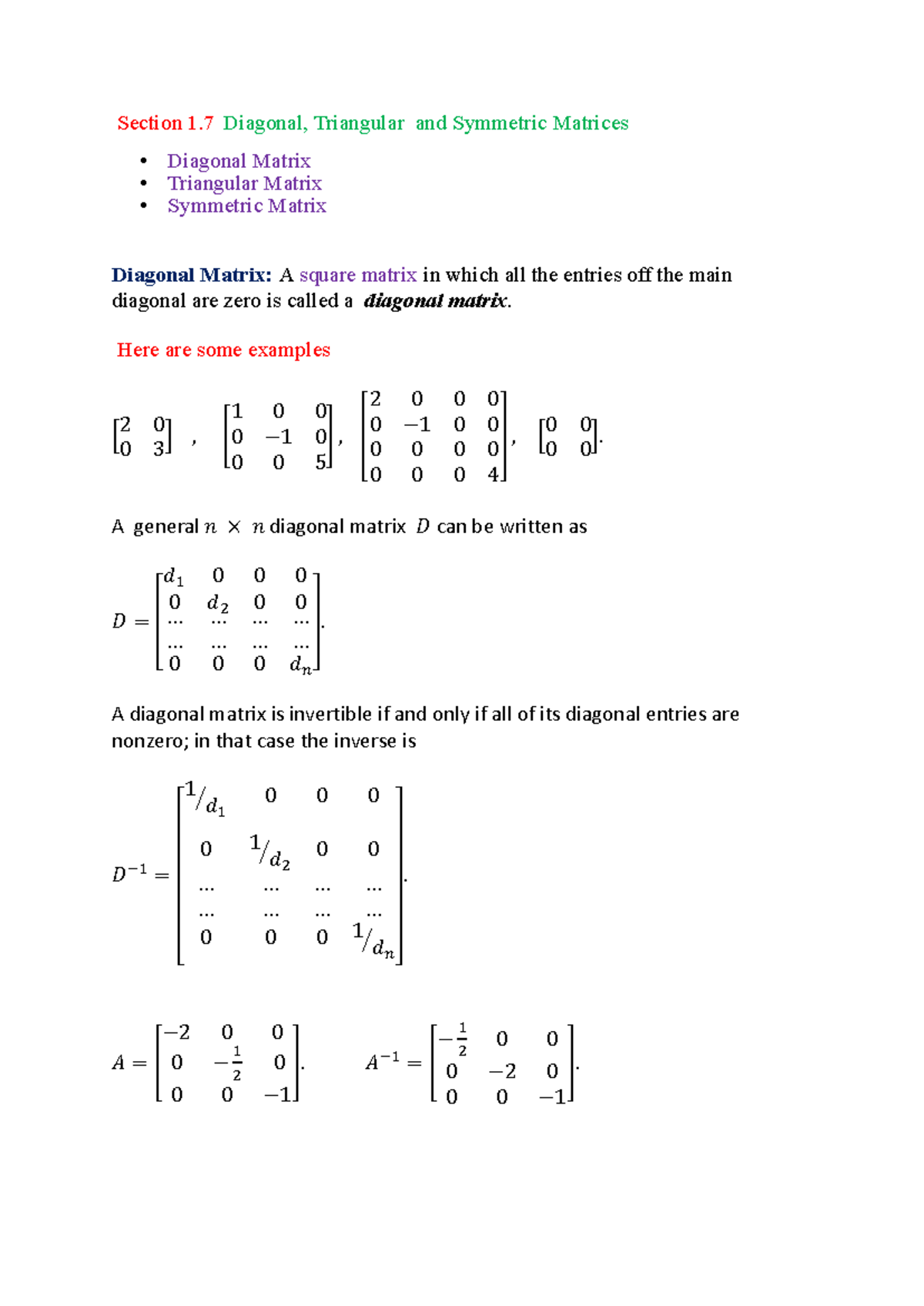 Matrix 1 - Diagonal, Triangular, and Symmetric Matrices Notes - Studocu