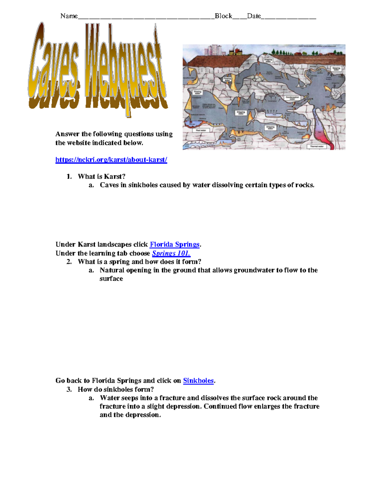 Cave Unit Webquest - Answer the following questions using the website ...