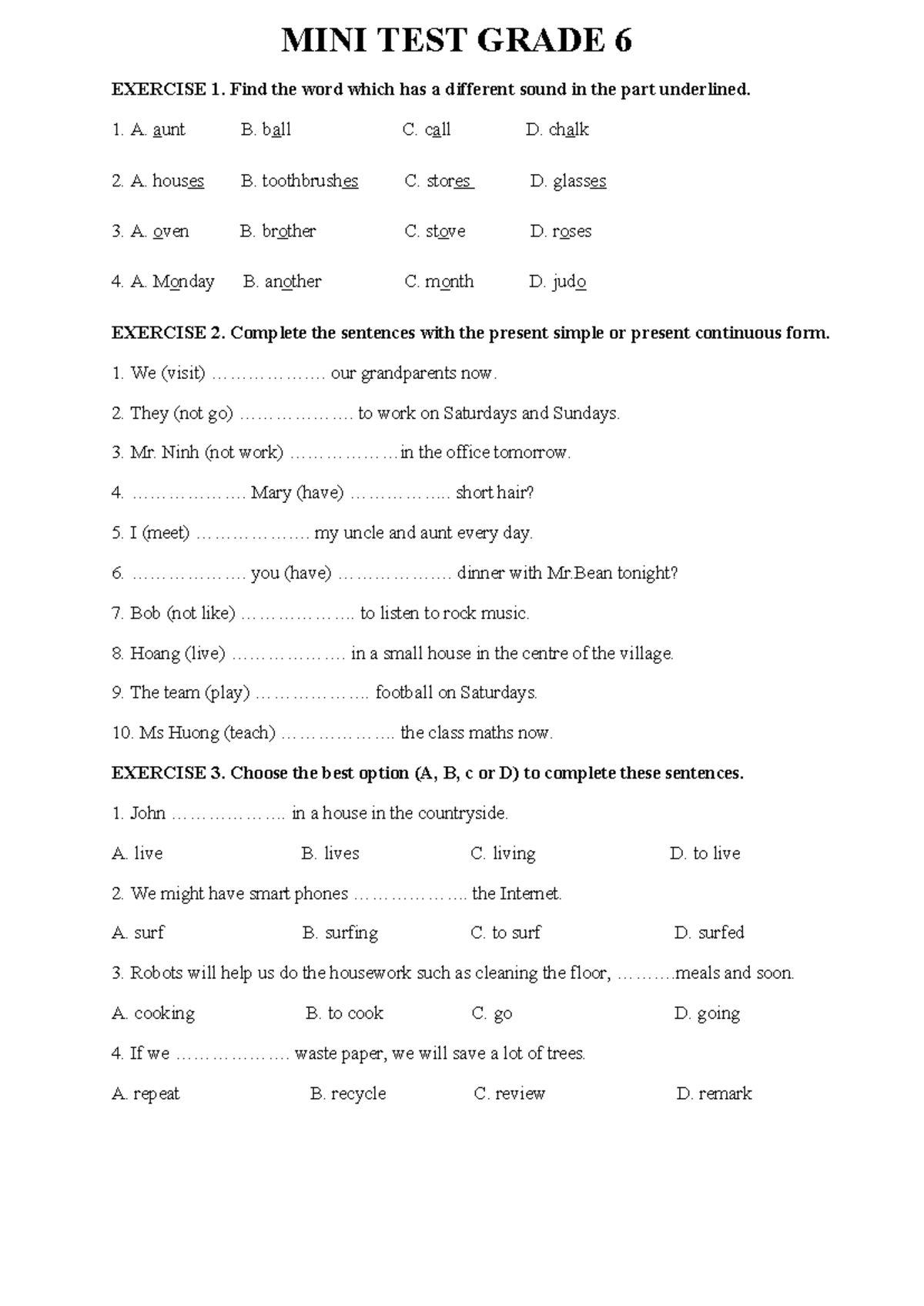 MINI TEST GRADE 6 - LANGUAGE EXERCISES FOR STUDENTS - Studocu