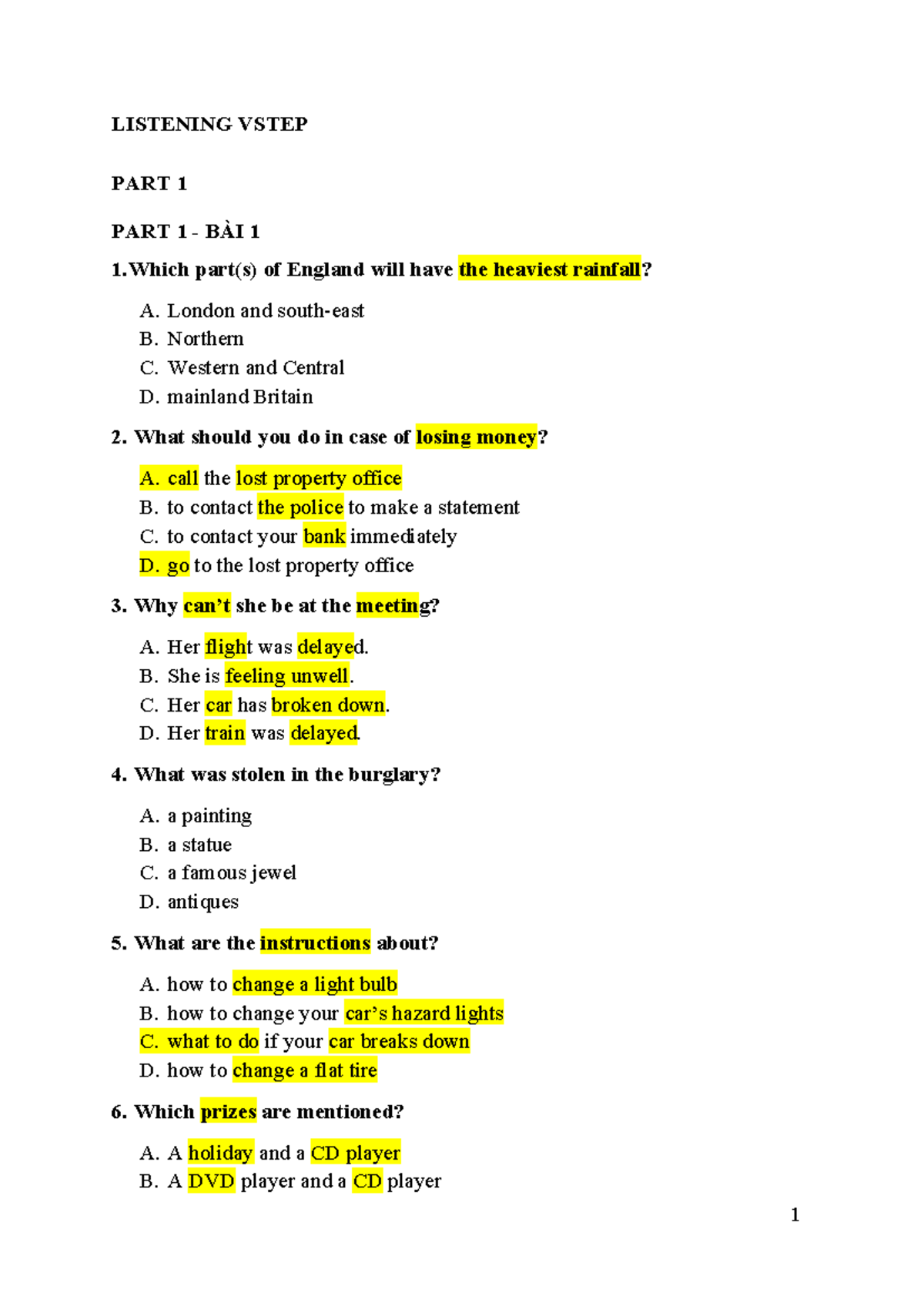 Listening VSTEP Part 1: Practice Questions and Answers - Studocu