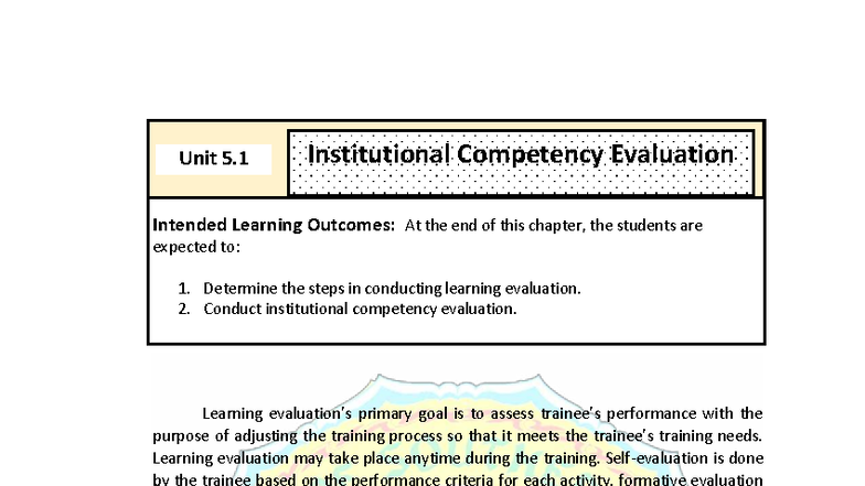 Institutional Competency Evaluation Unit 5.1: Learning Outcomes & Assessment - Studocu