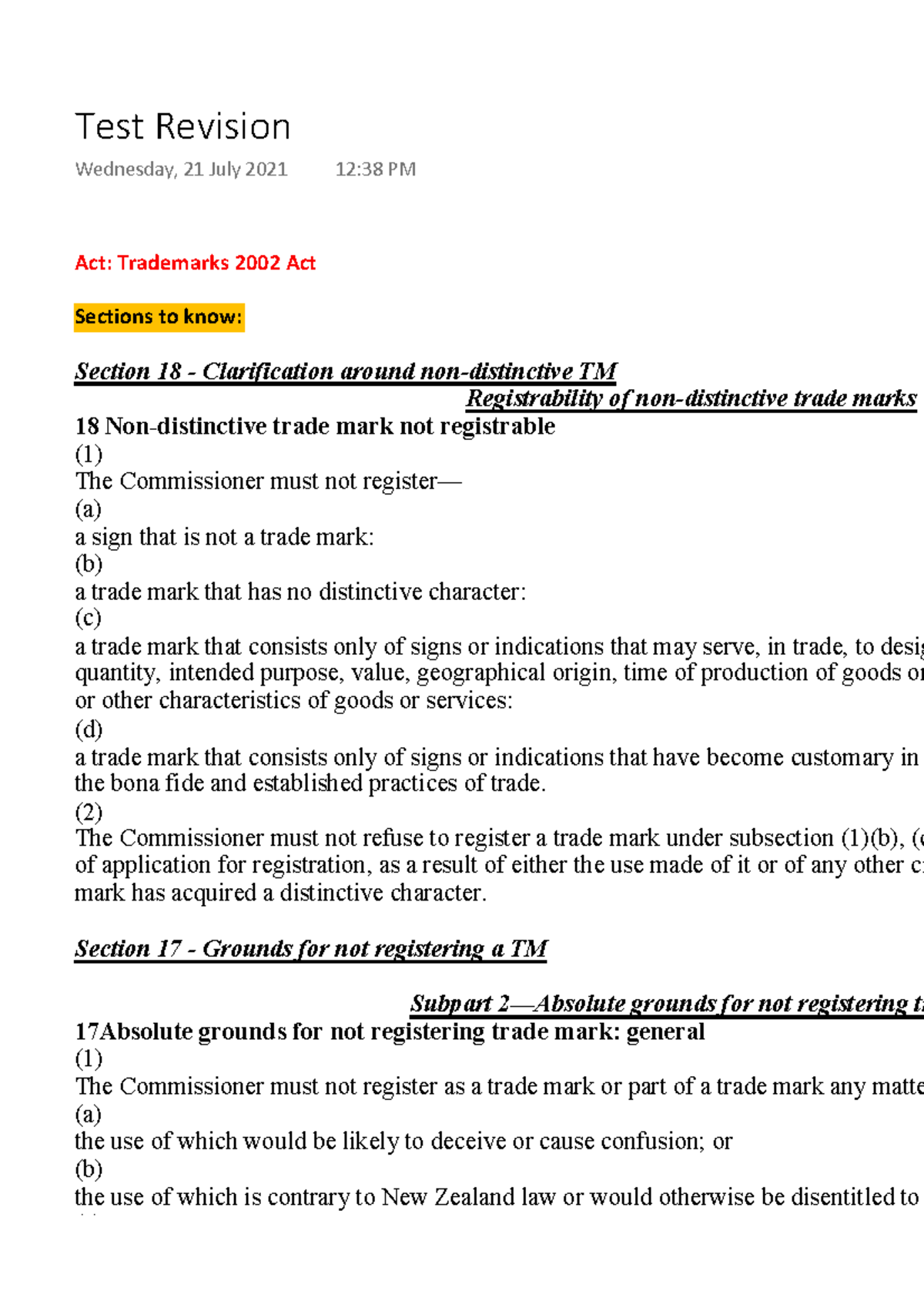 Revision Notes for Legal Trade Mark Concepts (LAWS2002) - Studocu