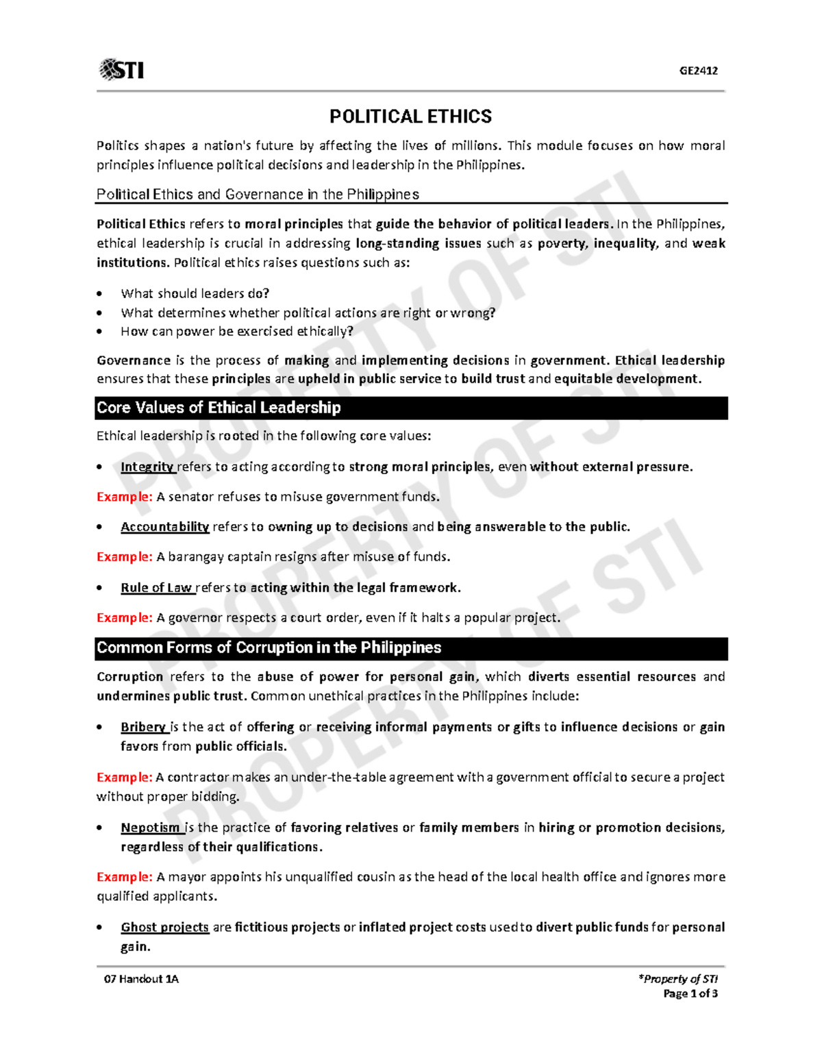 GE2412 POLITICAL ETHICS: Moral Principles in Governance and Leadership ...
