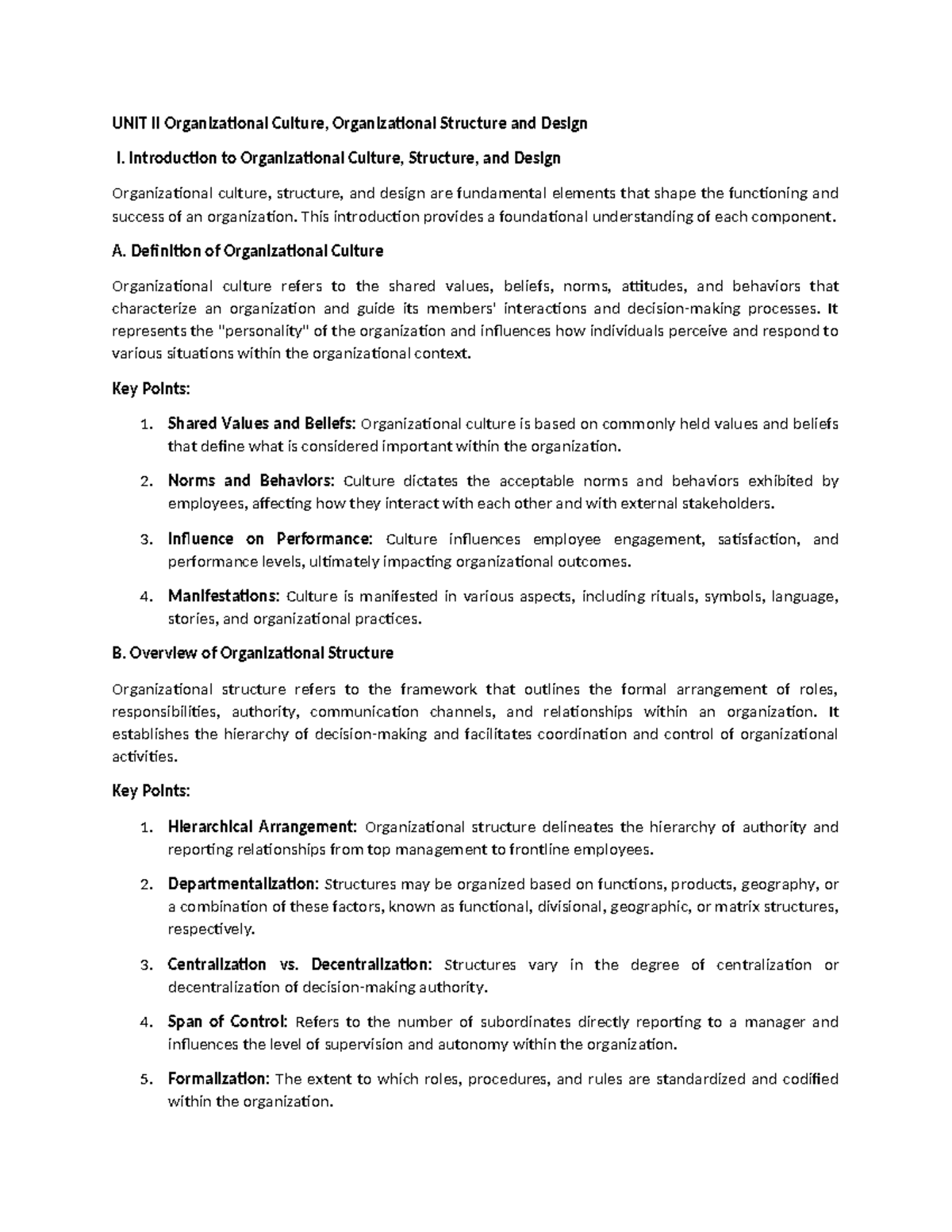 UNIT II - HBO: Organizational Culture, Structure, and Design Notes ...