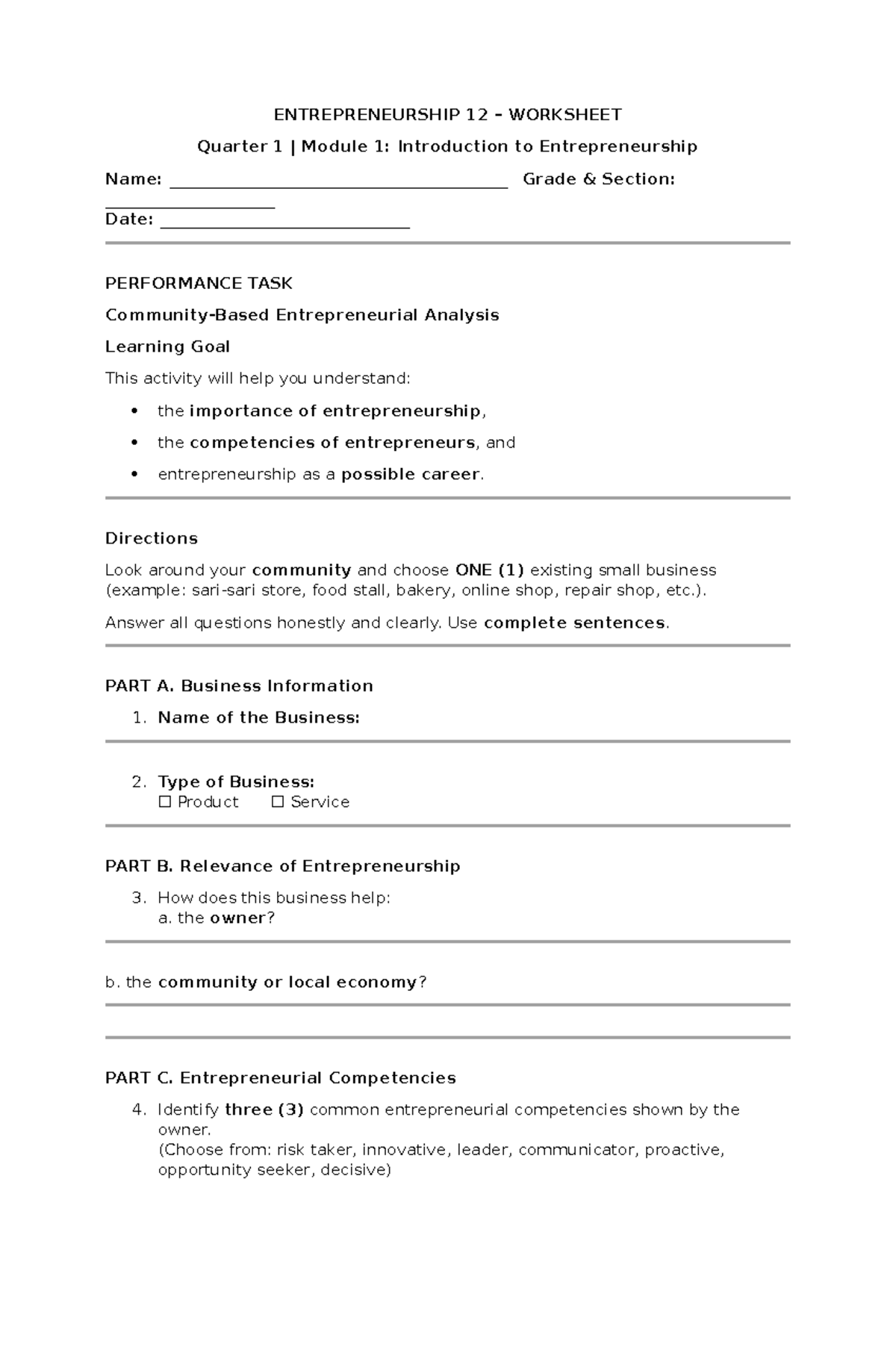 ENTREPRENEURSHIP 12 WORKSHEET Q1: Intro to Entrepreneurship - Studocu