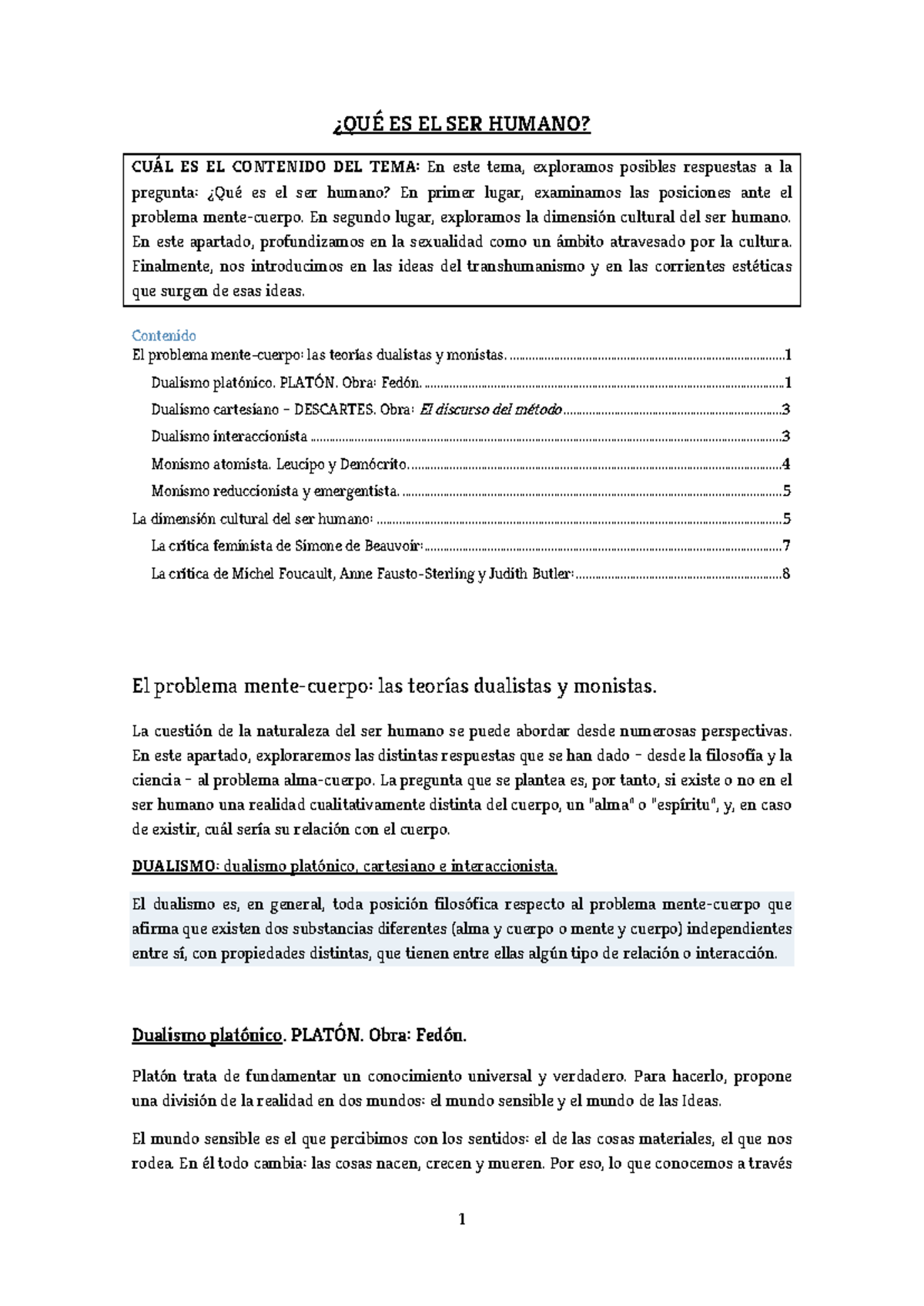 ES EL SER HUMANO? Análisis de Dualismo y Monismo en Filosofía - TEMA 2 ...