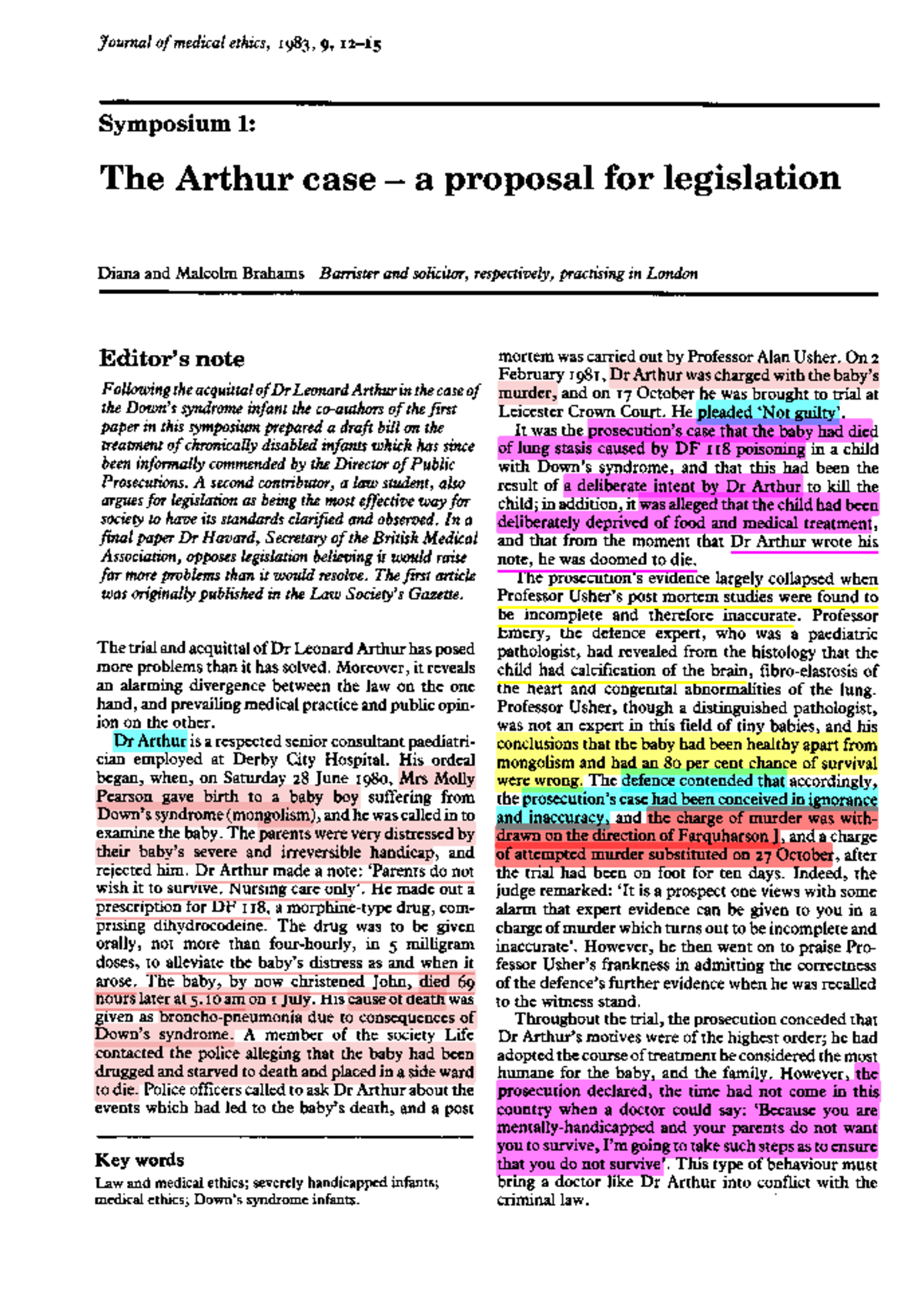 Dr. Arthurs Case - case - Jrournal of medical ethics, I983, 9, 12 ...