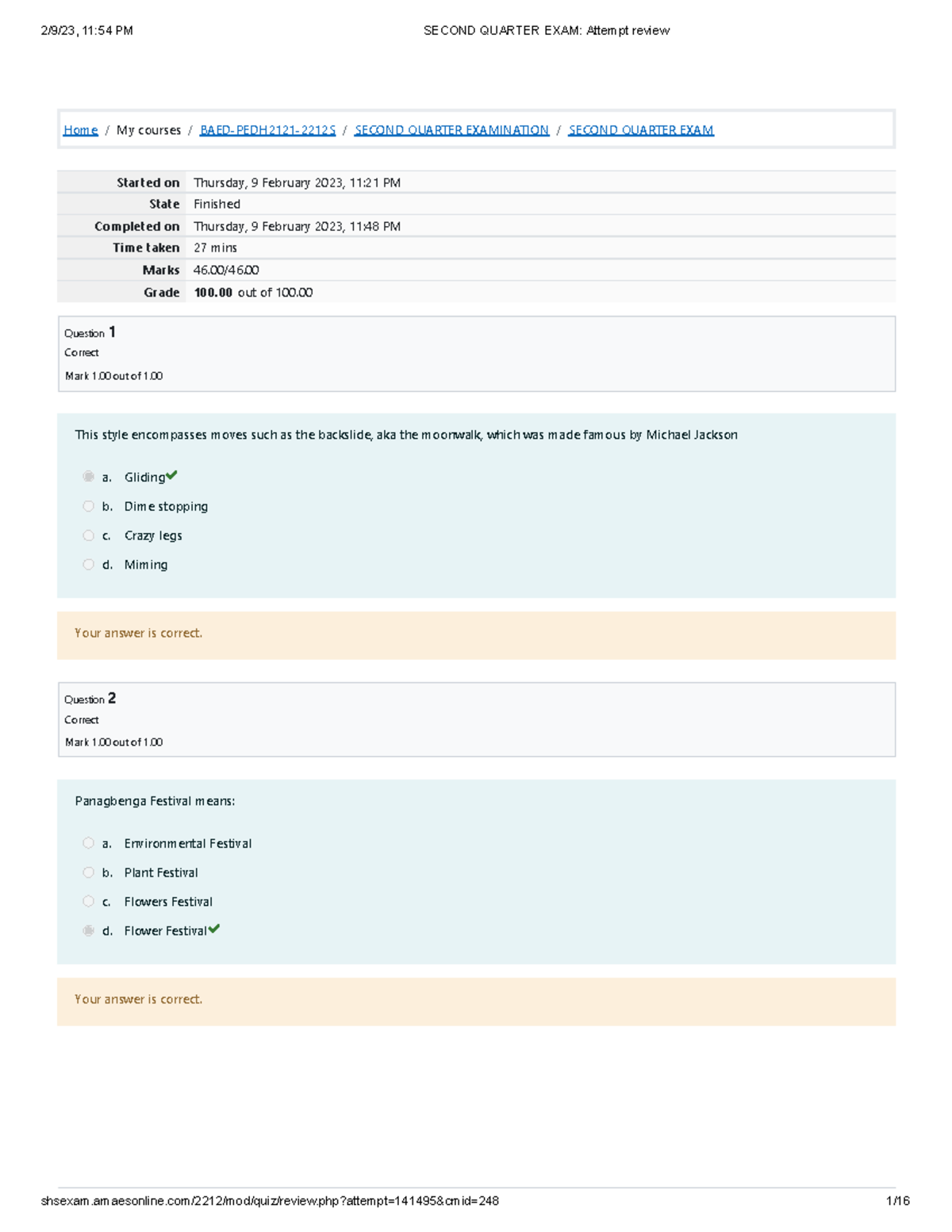 BAED-PEDH2121-2212S Second Quarter Exam Answer Key - Studocu
