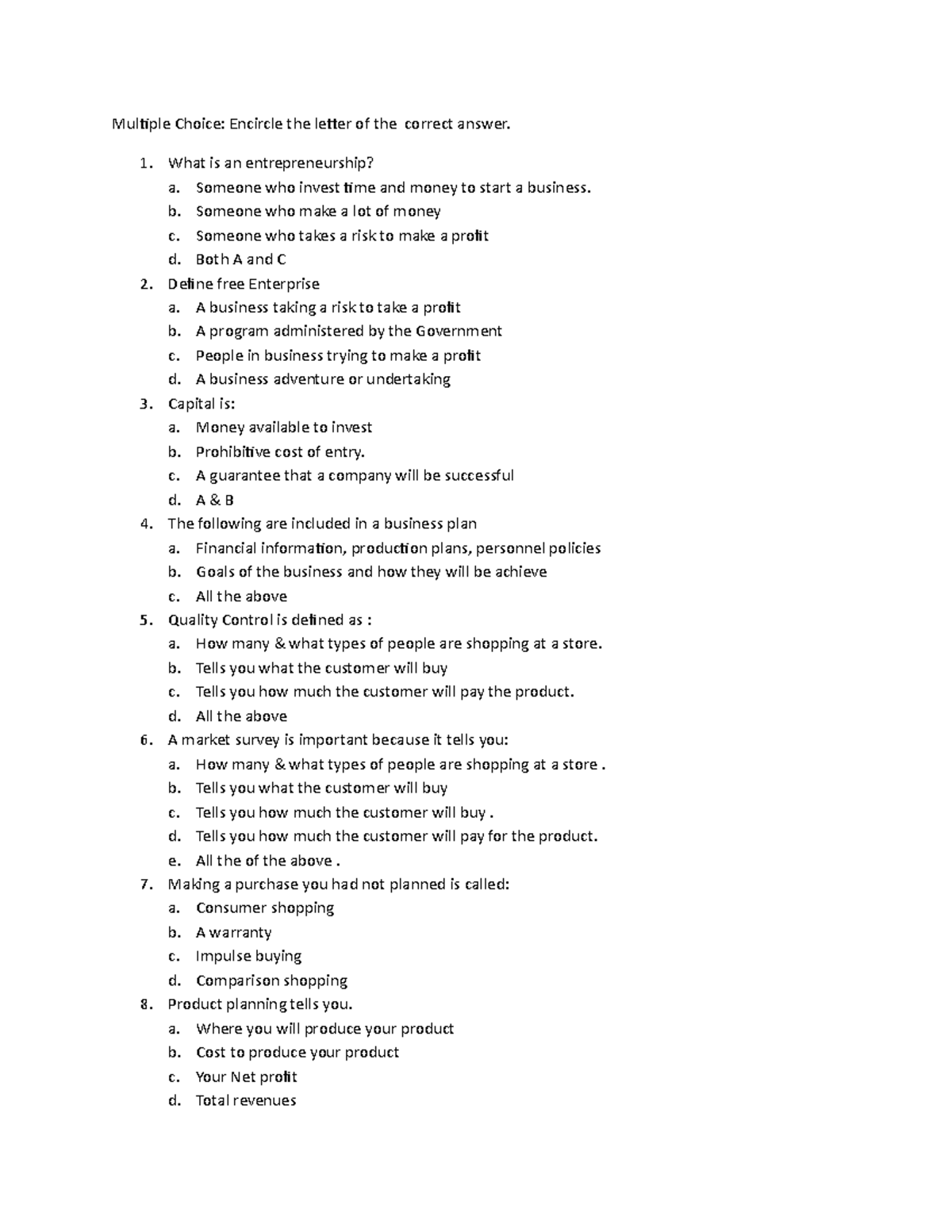 Entrepreneurship Pretest: Key Concepts and Definitions - Studocu