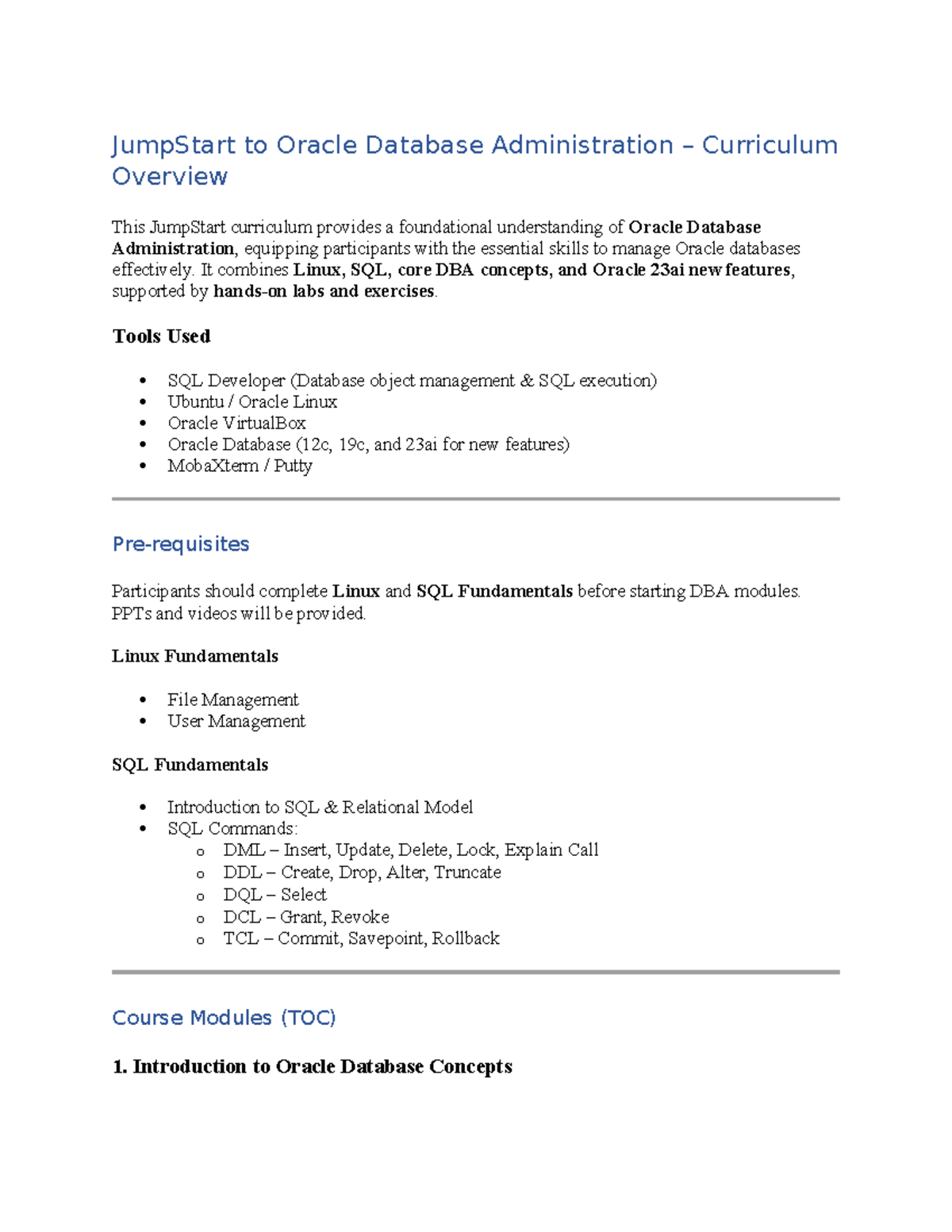 Oracle DBA JumpStart Curriculum Overview (12c, 19c, 23ai) - Studocu